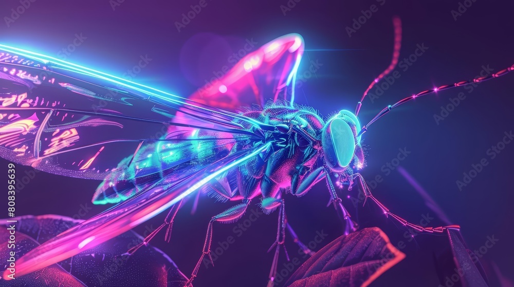 Futuristic color neon of insect, buzzing in a digitally recreated ...