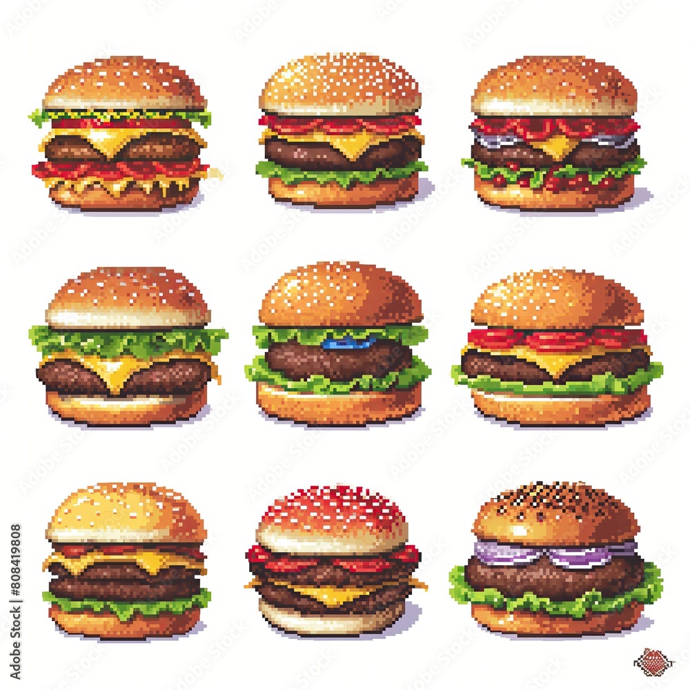 Stock-Illustration „Cheeseburger Fast Food Burger Sandwich Video Game Assets Pixel Art Pack ...