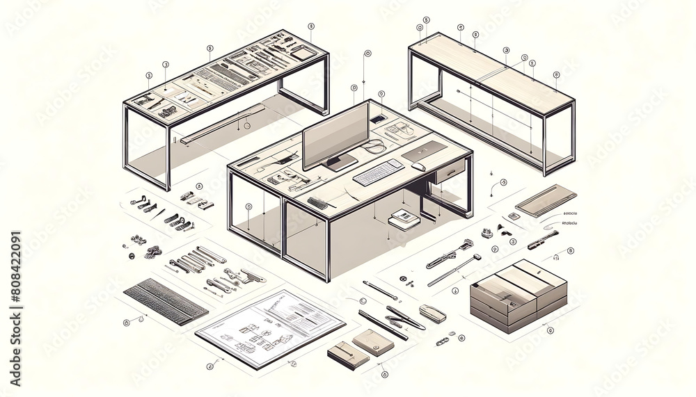 Detailed 3D desk plan blueprint showing parts and furniture layout ...