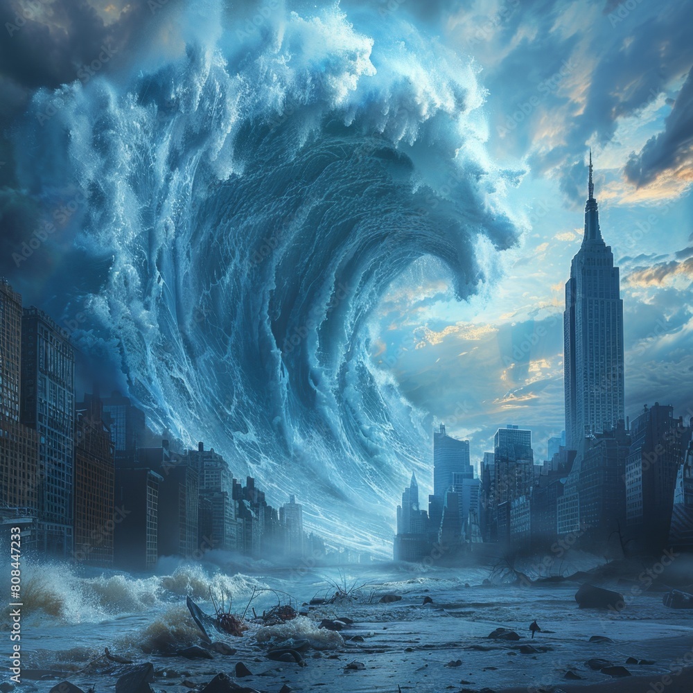 Tsunami waves approach city skylines. Disaster concept. Tsunami ...