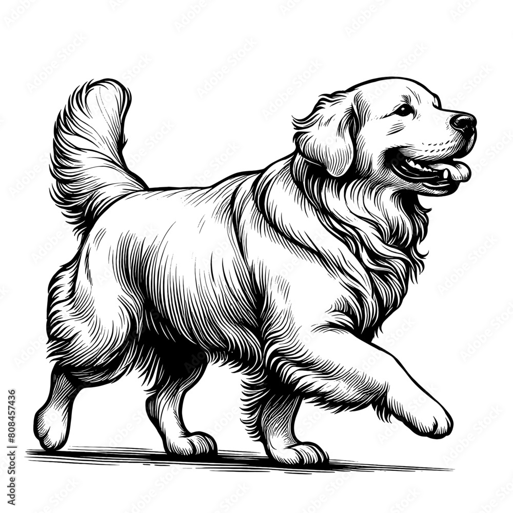 Cute Golden Retriever dog in full-body, hand drawn sketch. Vector ...