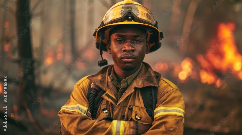 Young handsome black firefighter in safety gear and helmet poses for ...