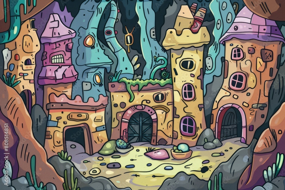 Cartoon cute doodles of a hidden city in the underworld, built by ...