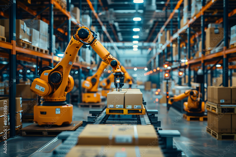 Automated robotic arms handling packaging in industrial warehouse ...