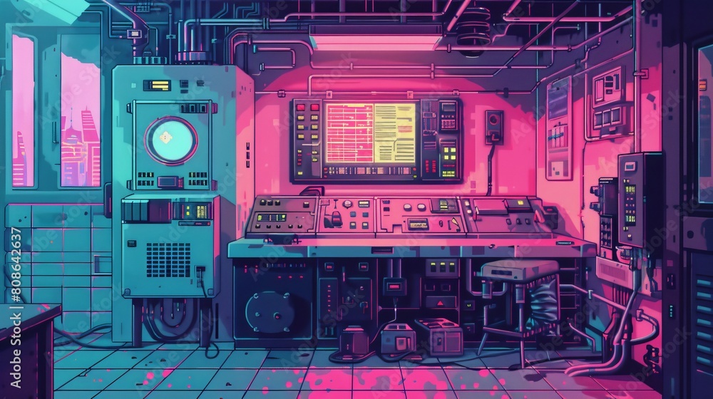 Futuristic Control Room with Retro Sci-Fi Style, Pink and Blue Neon ...