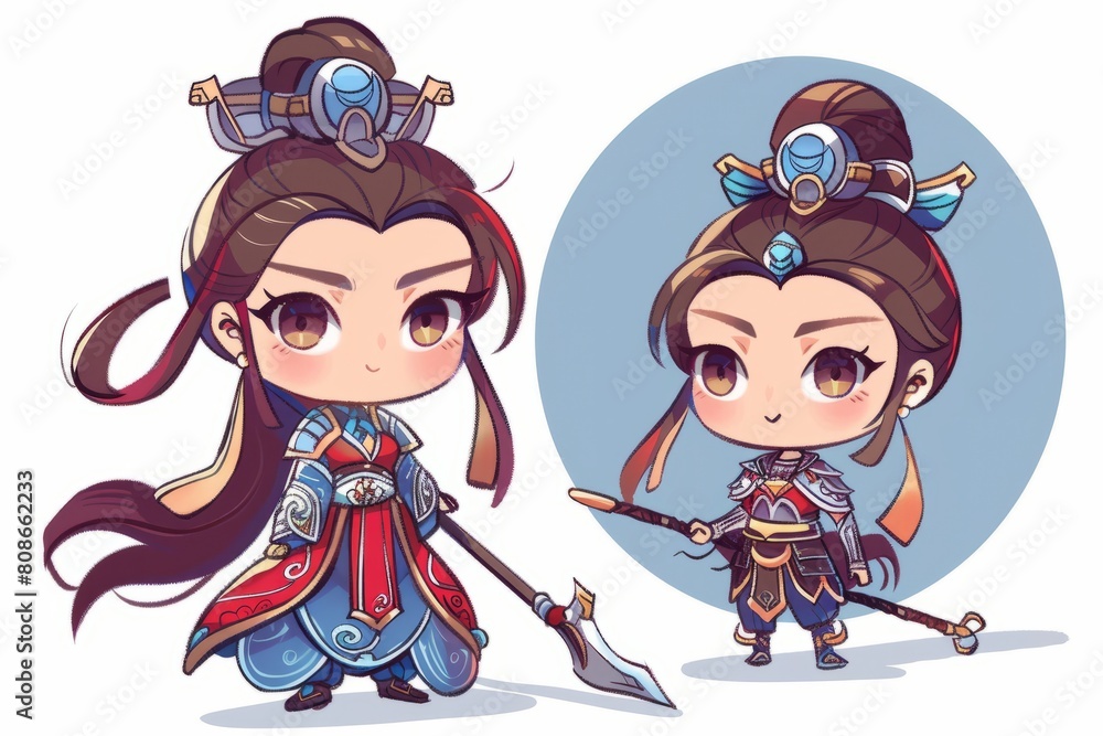 Cartoon cute doodles of the fearsome warrior Diaochan, whose beauty and ...