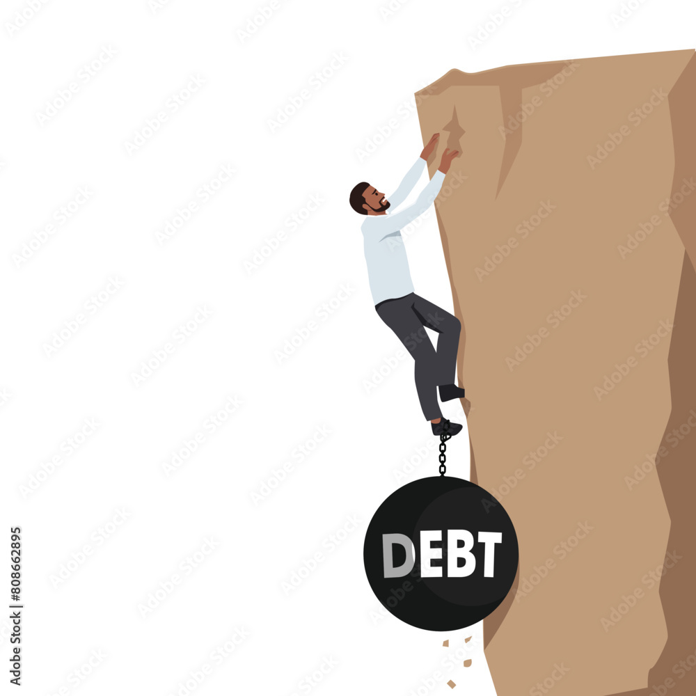 Young business man try hard to climb up the cliff but debt burden bring ...