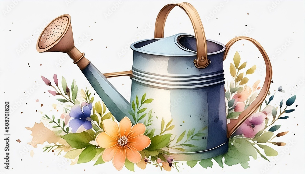 Garden watering can, watercolor clipart illustration with isolated ...