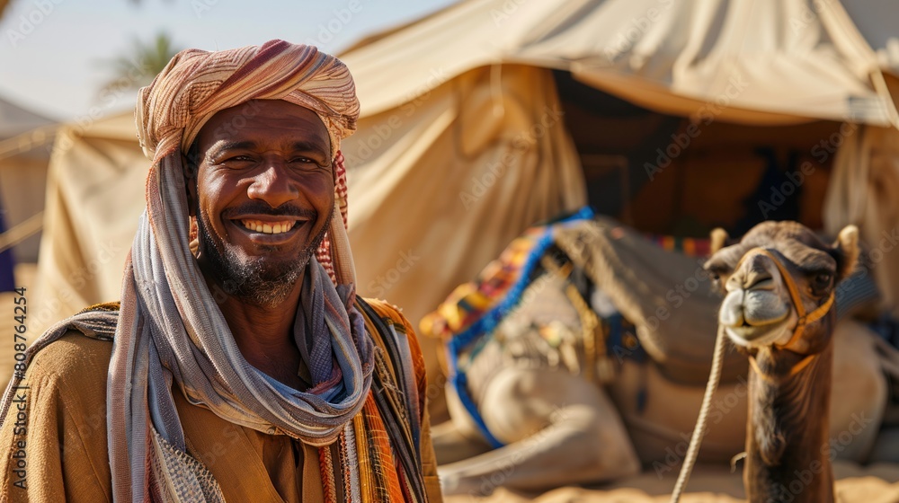 Portrait of tour guide wearing traditional clothing, standing next to ...