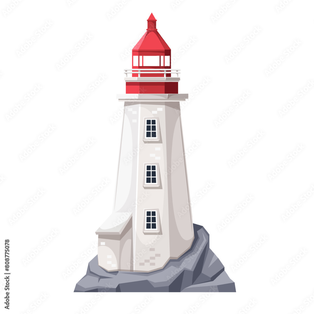 Lighthouse on rock, cartoon nautical light tower. Coastal beacon with ...
