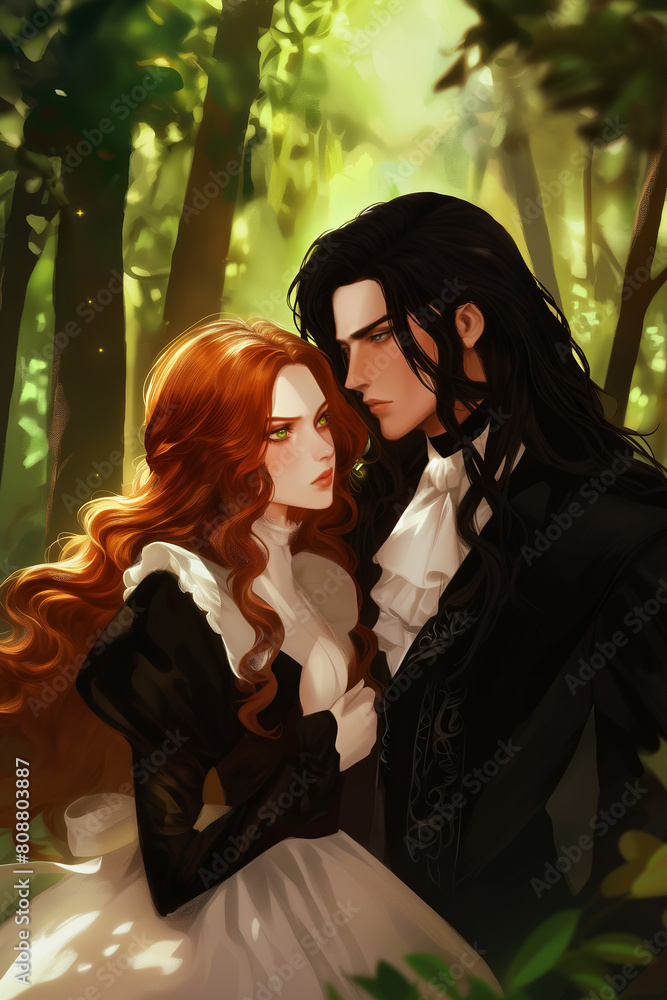 Beautiful fantasy couple, aristocrats, drawing, digital processing ...