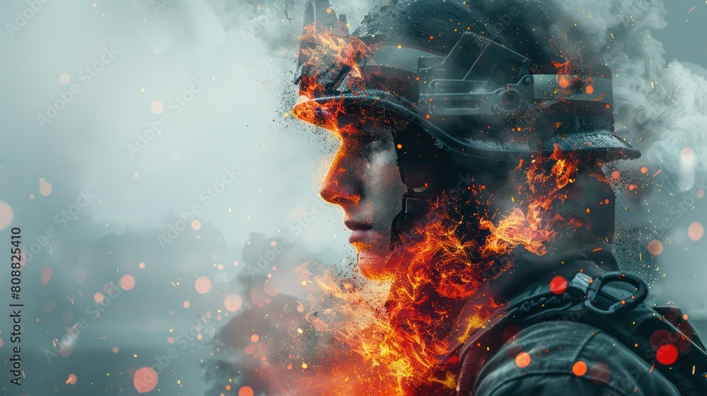 Double Exposure, burning building with fire flames smoke sparkles ...