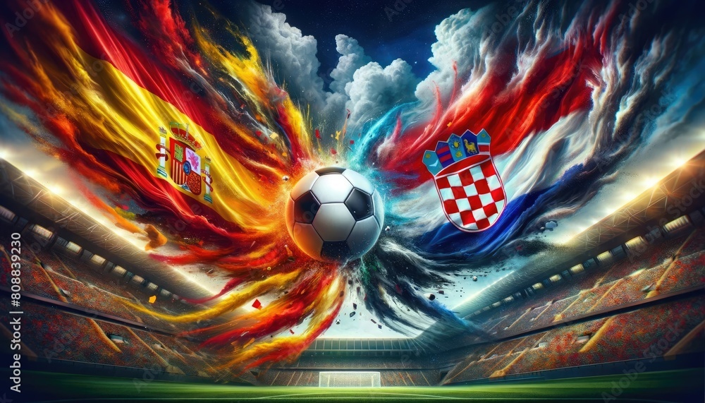 Spain vs Croatia football match, country flags and soccer ball on the ...