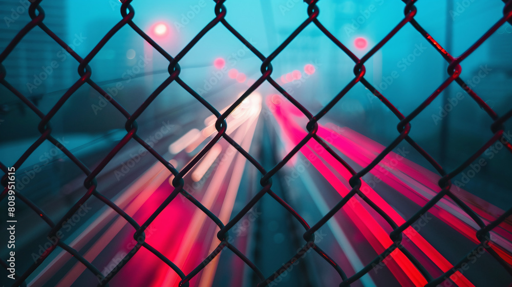 Red and white vehicle light trails through chain link fence on city ...