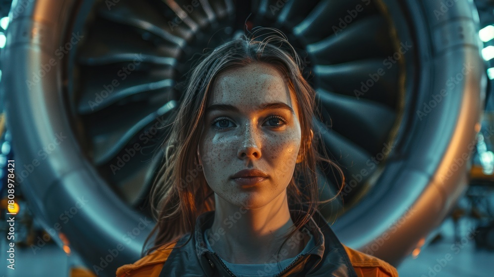 Under the towering jet engine A female trainee aircraft maintenance ...