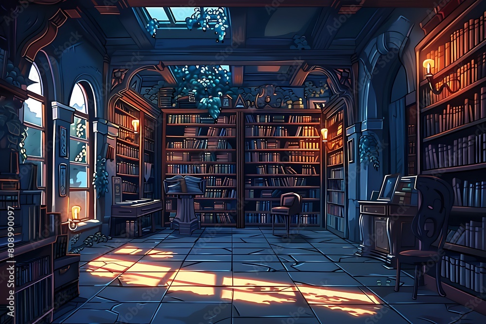 Library 2D mobile game background, rpg environment, classic library ...