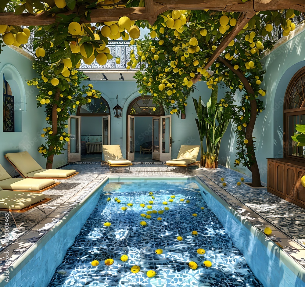 Swimming pool in the style of Moroccan Architecture in bright blue ...