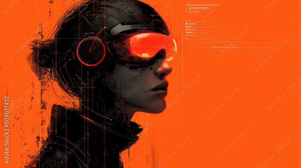 Girl in VR glasses against orange backdrop. Grunge noise Creative Mixed ...
