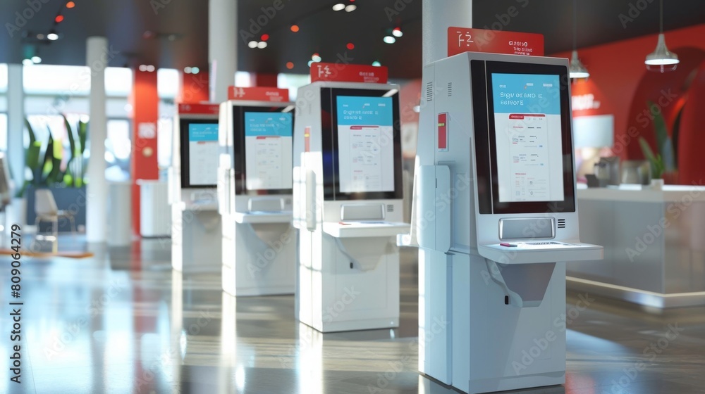 A linear arrangement of electronic kiosks inside a commercial building ...