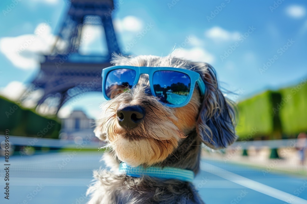 Grace, a silver Weinerman dog, enjoys a vacation on a tennis court with ...