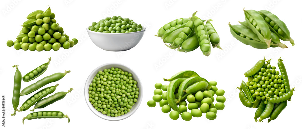 Green pea vegetable, many angles and view side top front cluster pile ...