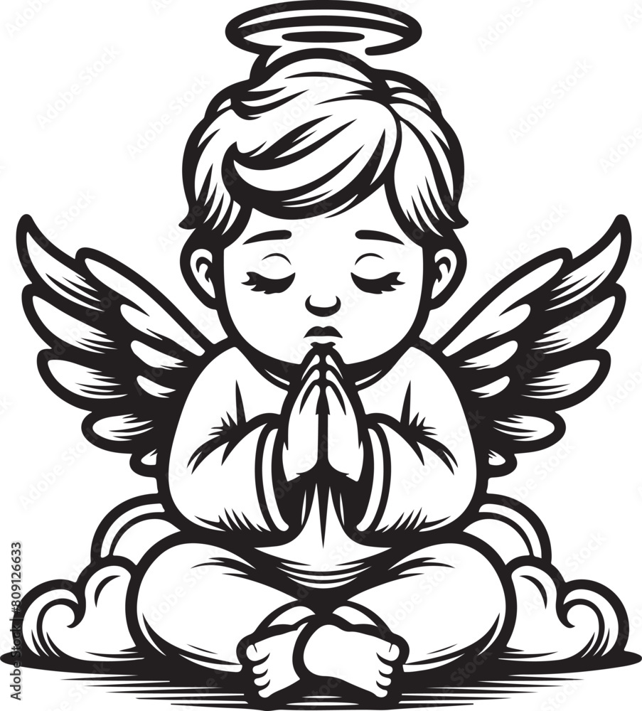 little baby angel praying vector and line art silhouette illustration ...