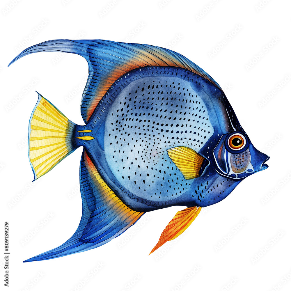 Tropical fish watercolor painting isolated on white background. A blue ...