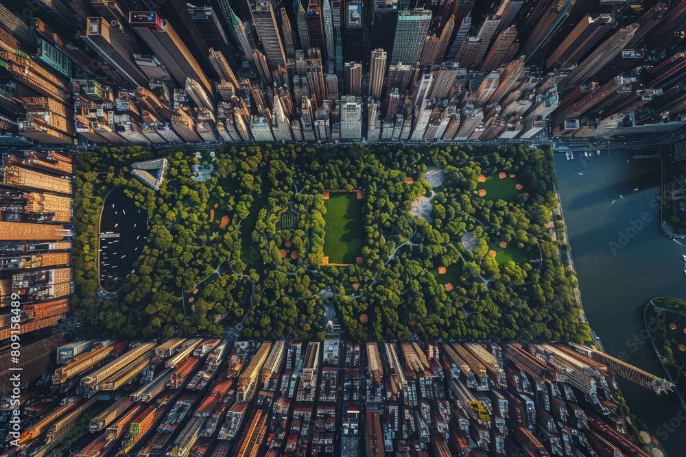 Overhead view of city park with trees, paths, and recreational areas ...