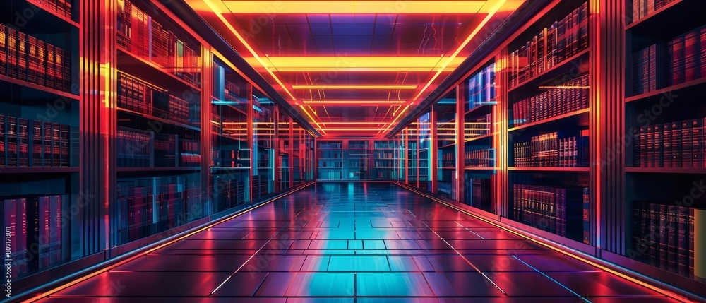 Futuristic illustration Pop art color of a hightech library, merging ...