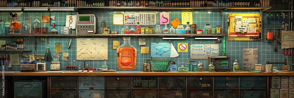 Chemist's Lab Wall: Covered in periodic tables, chemical structure ...