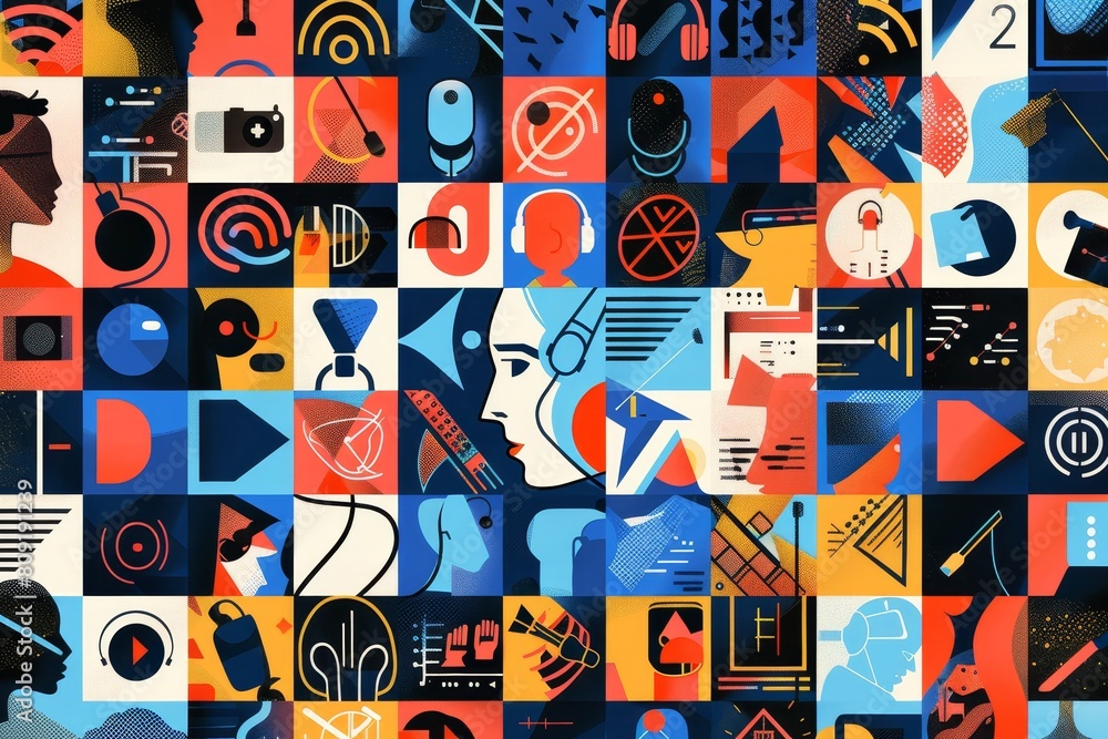 Diverse colors and shapes blend to form an intricate abstract painting ...