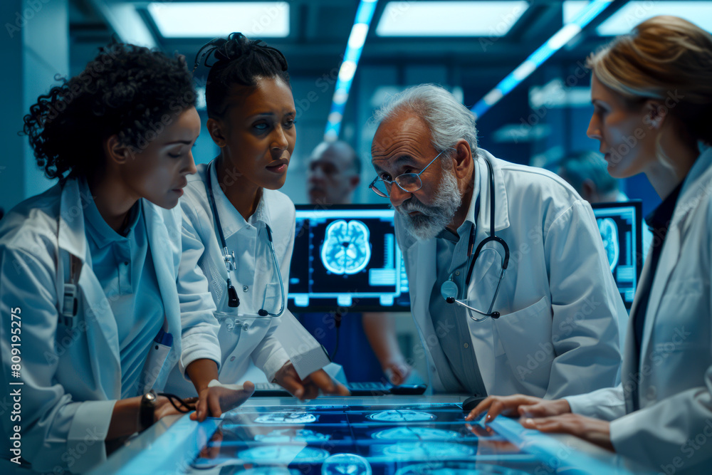 Cutting-edge Brain Tumor Treatment: Multicultural Medical Team Analyzing MRI Scans on ...