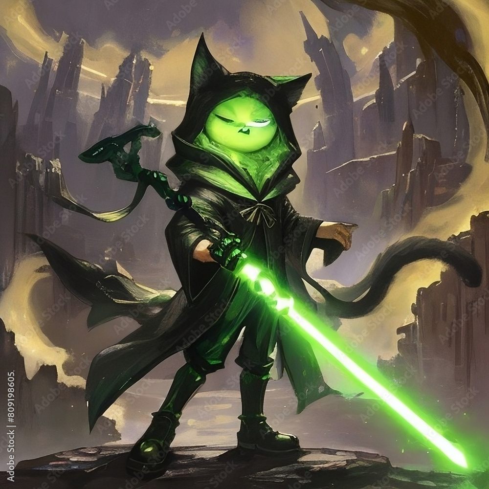 jedi cats duel, A cat in a robe holding a green lightsaber on a blurred dark background. Fantasy ...