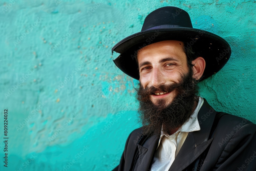 Happy Hasidic Jewish Man in Traditional Costume on Green Background ...