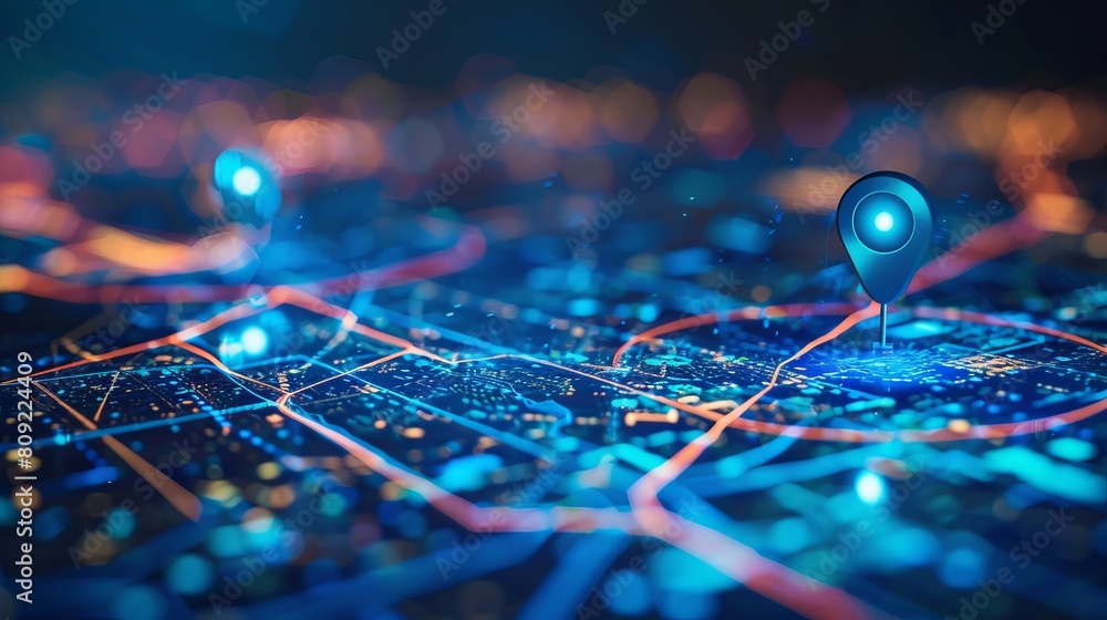 Digital illustration showing a hand setting a location on a map with ...