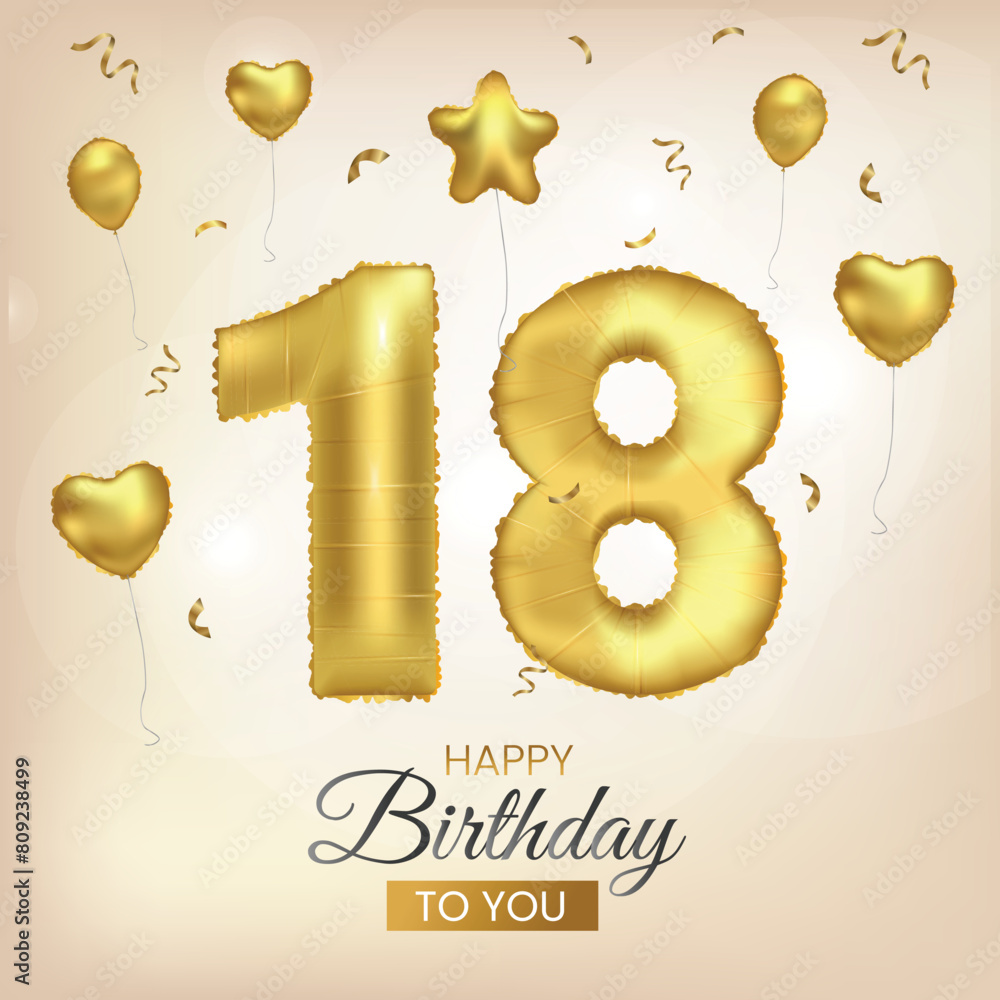 Happy 18th birthday gold foil balloon greeting background. 18 years ...