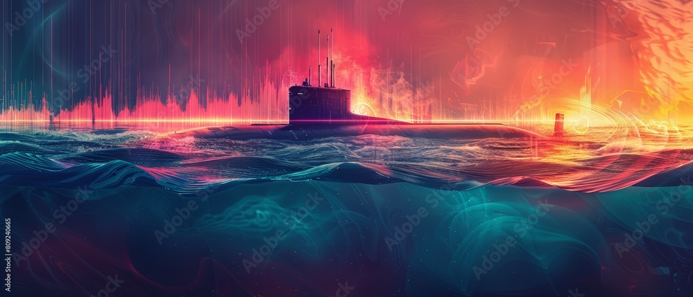 Digital illustration of sonar waves emanating from a submarine in deep ...