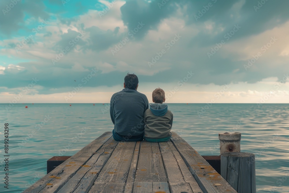 Man and child seated on pier, gazing out at sea, A father and son ...
