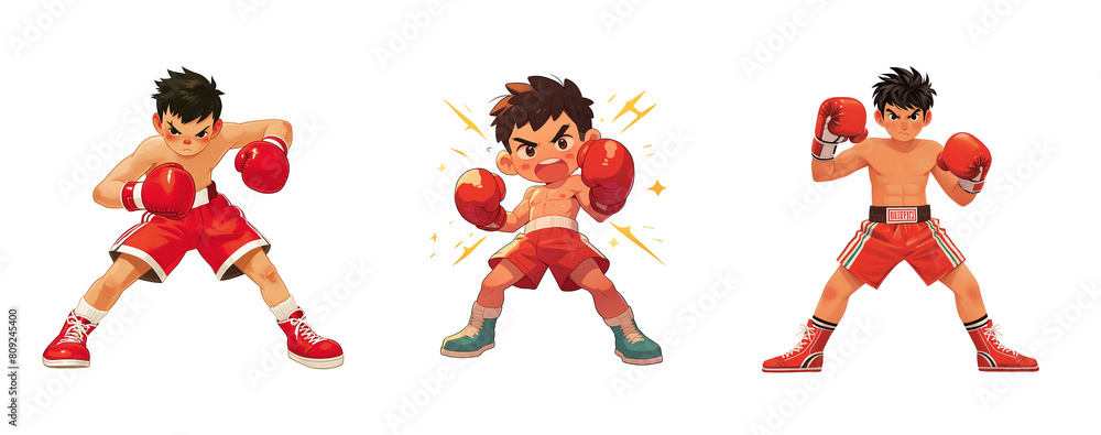 Collection of png illustrations featuring diverse kid boxers in various ...