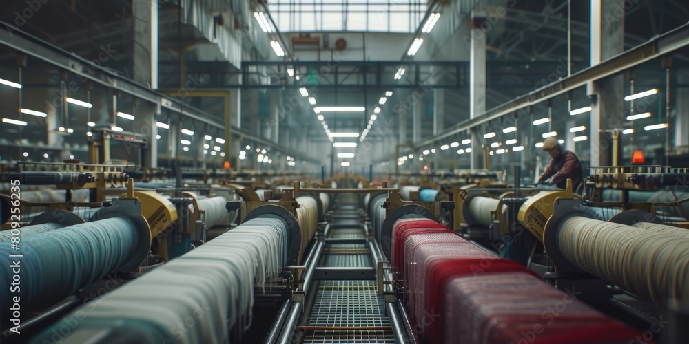 A photo of interior of woven factory with machine working while waving ...