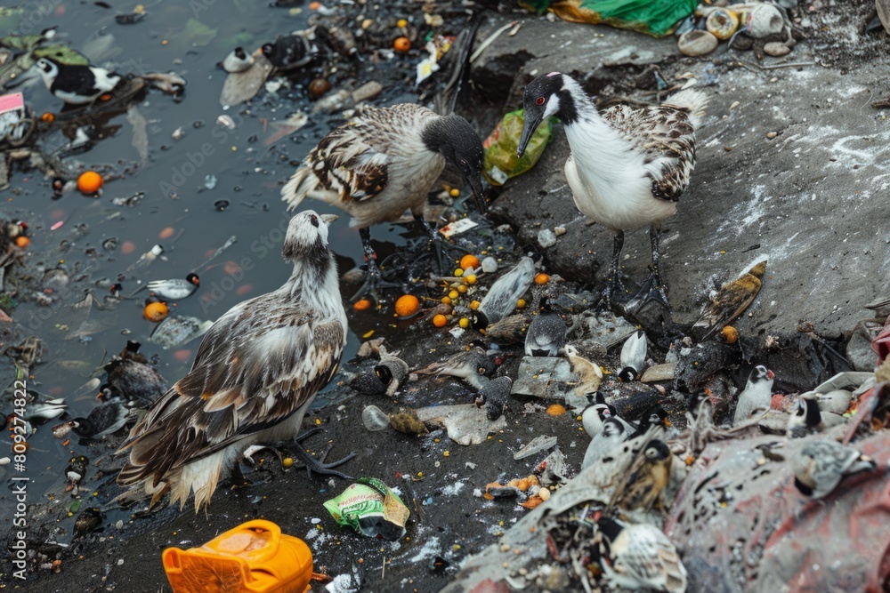 Waterbirds navigating through plastic pollution and trash in a polluted ...