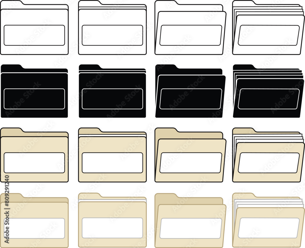 File Folder Icon Clipart Set with Blank Label - Outline, Silhouette and ...