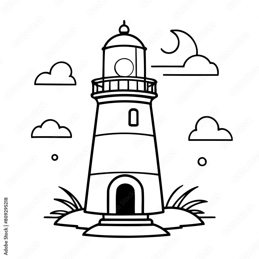 Simple vector illustration of Lighthouse for kids colouring worksheet ...
