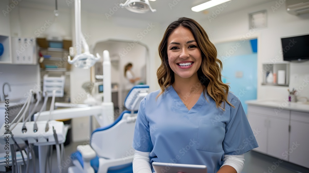 Friendly female dentist in a dental clinic with modern equipment ...
