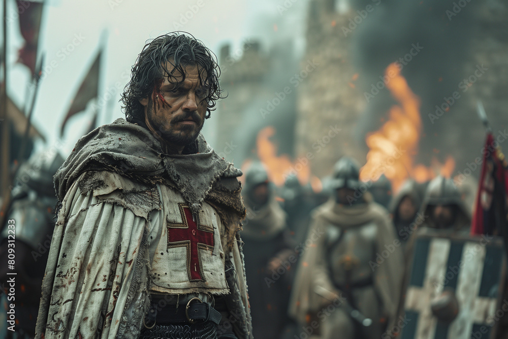 soldier with a sword, a gun. A fierce battle between a knight in ...
