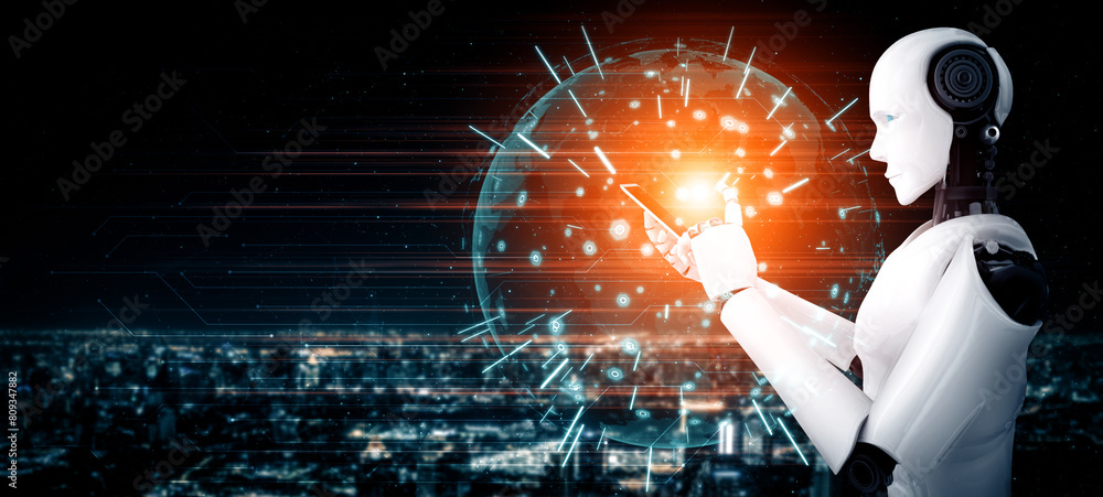 MLP 3d illustration Robot humanoid use mobile phone or tablet for ...