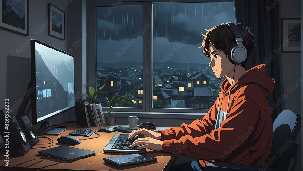 Anime teenager boy with headphones working on computer in his room at ...