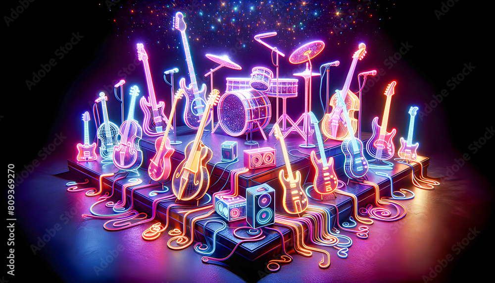 A vibrant 3D render showcases a collection of musical instruments in ...