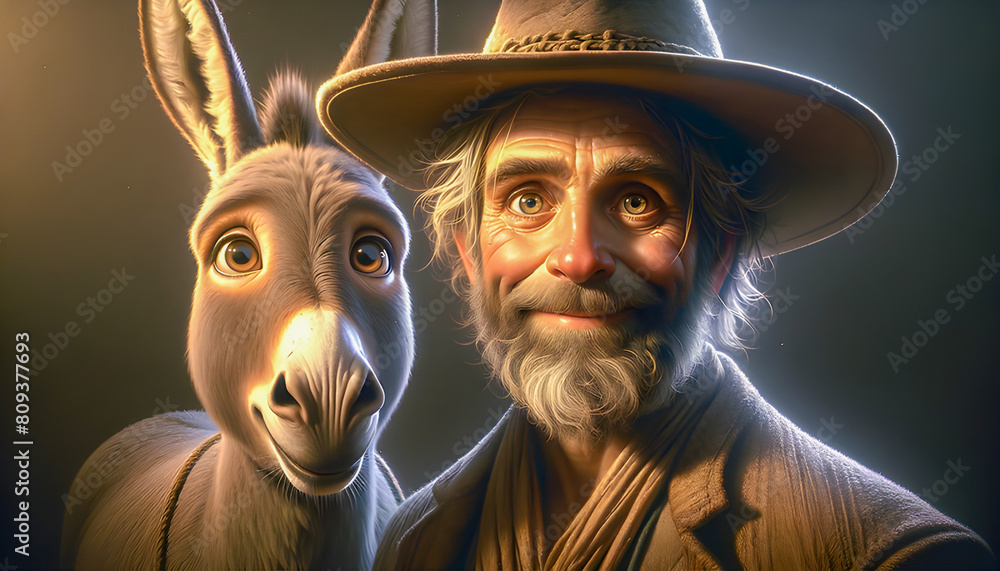 Old prospector with his trusty mule, depicted in rugged attire ...