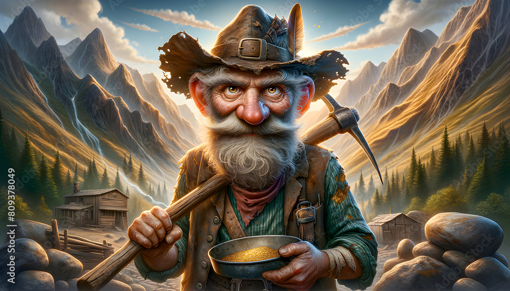Rugged Wild West prospector character, clad in weathered gear, embodies ...